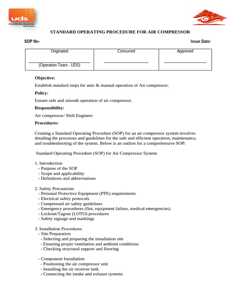 Air Compressor SOP | PDF