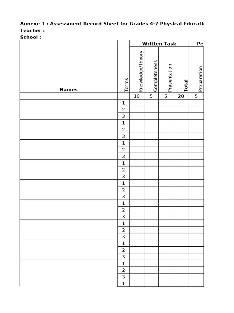 Assessment Record Sheet Grades4-7 Physical Education | PDF