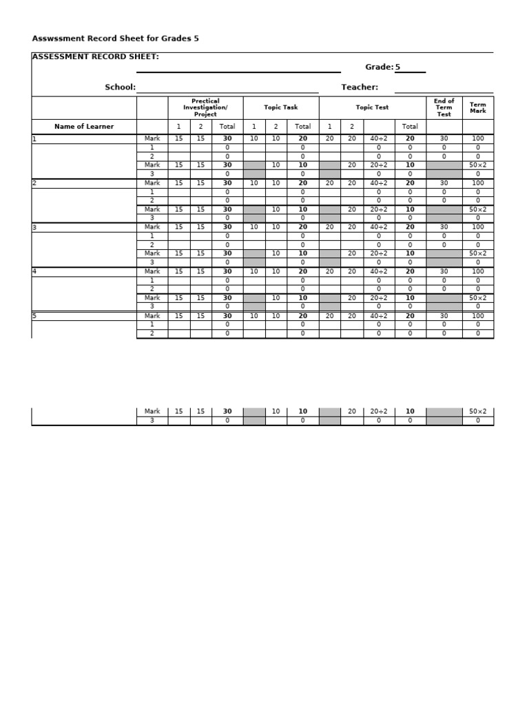 Assessment Record Sheet Grade5 | PDF