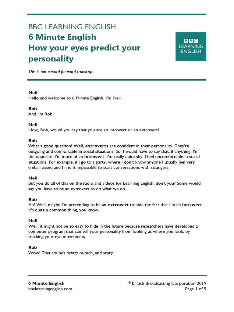 BBC 6 Min English - Eyes - Personality | PDF