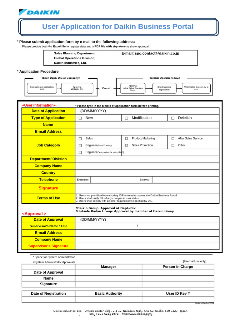 Daikin Business Portal User Application Form | PDF
