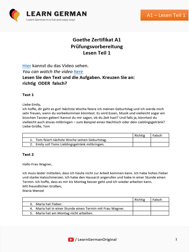 A1 - Prüfungsvorbereitung - Lesen Teil 1 | PDF