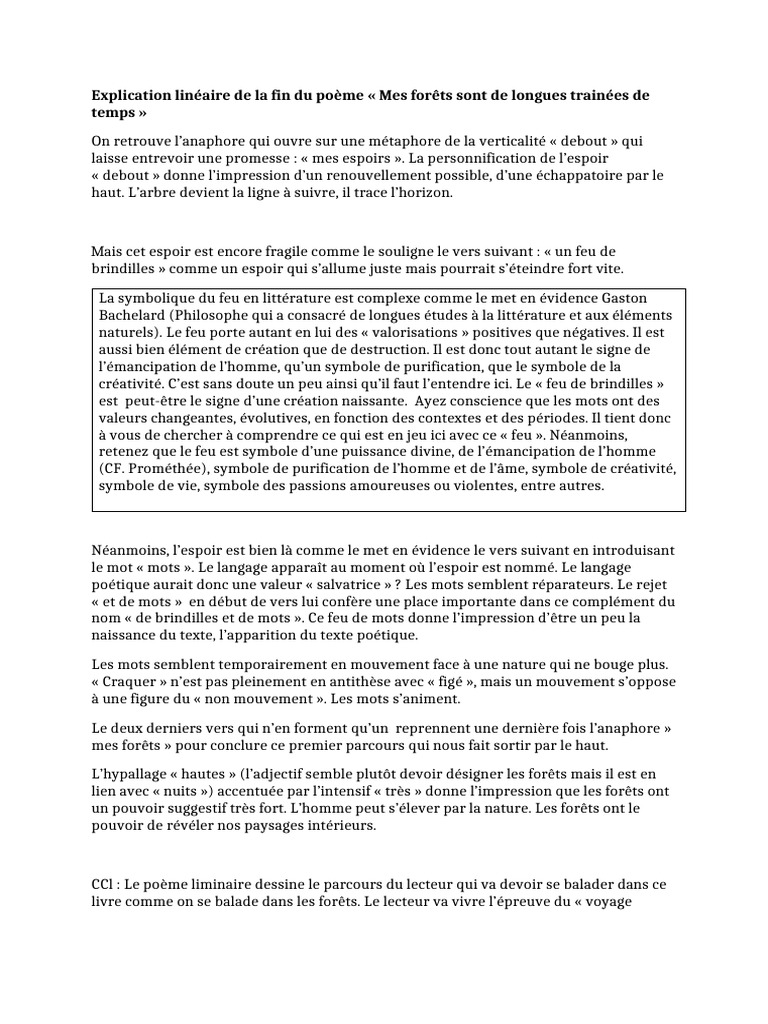 Explication linéaire de la fin du poème « Mes forêts sont de longues trainées de temps » | PDF