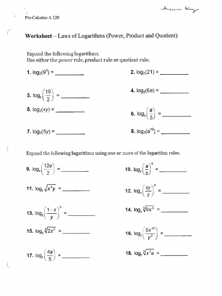 Worksheet - Laws of Logarithms Product Power and Quotient | PDF