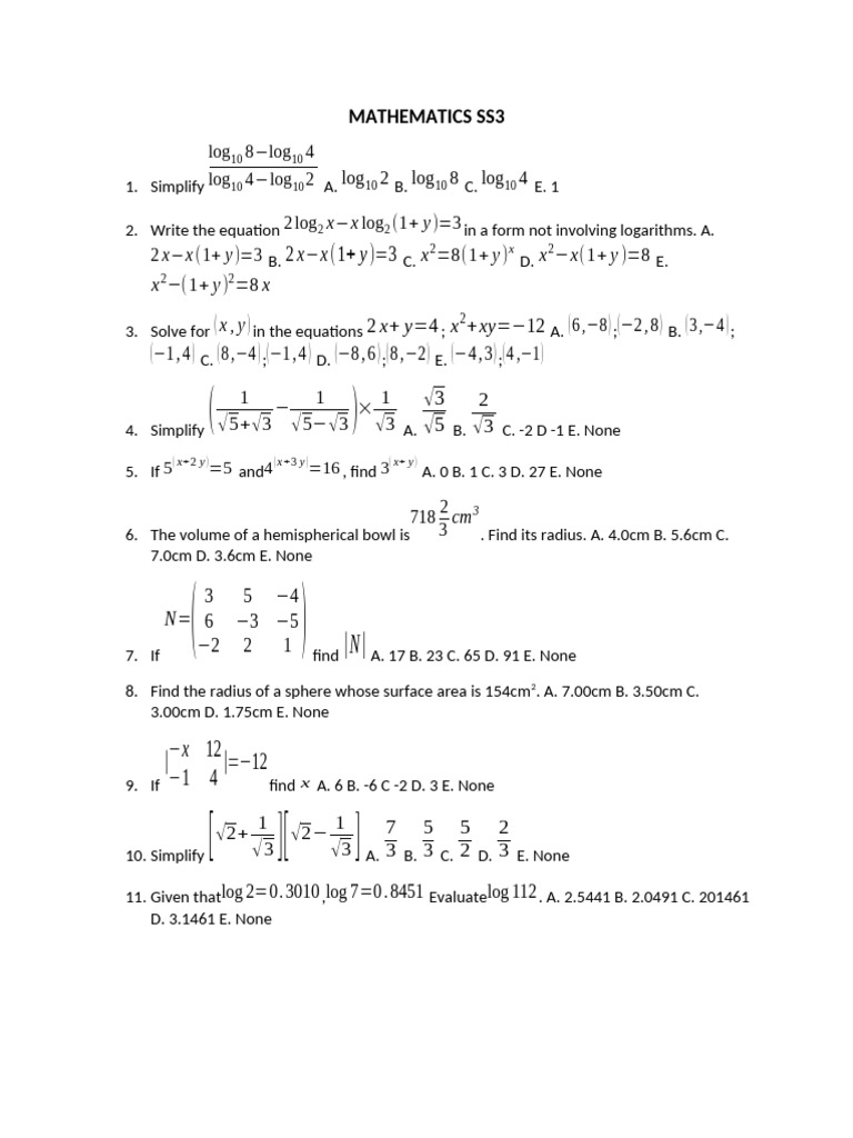 First Term Mathematics SS3 | PDF