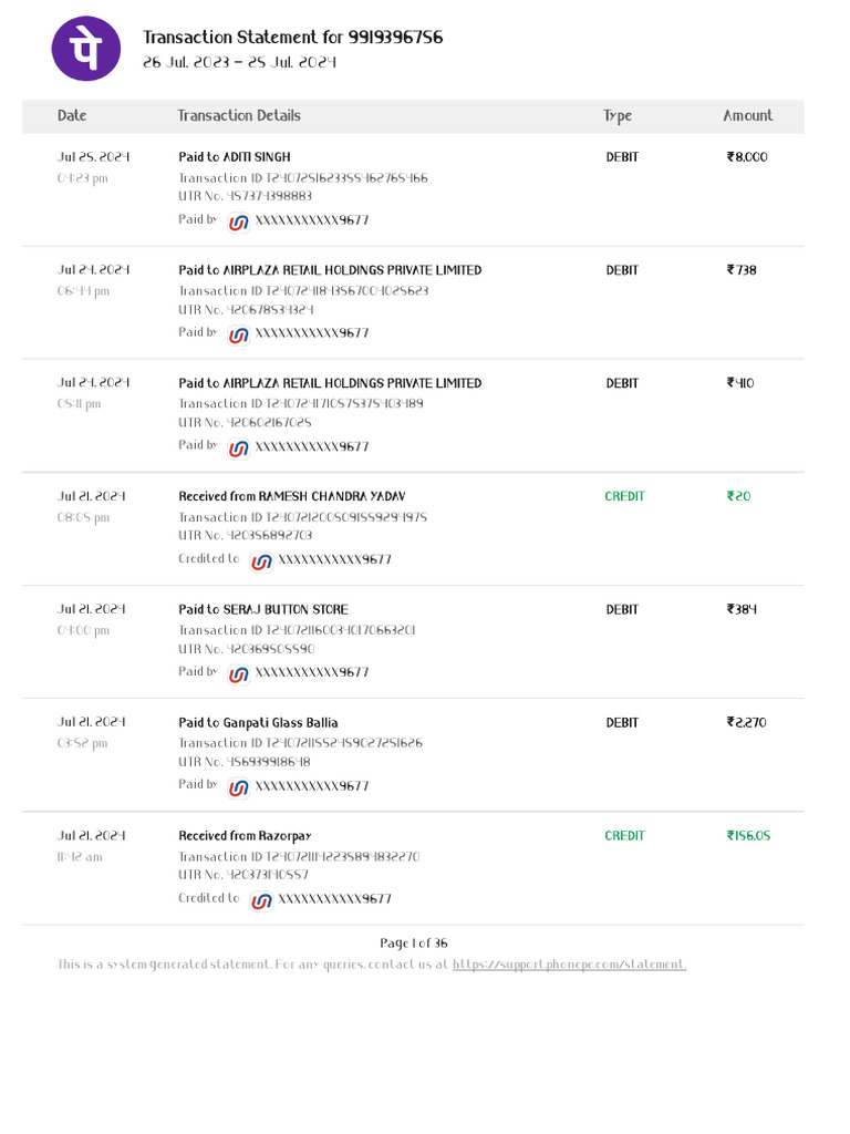 PhonePe Statement Jul2023 Jul2024 | PDF