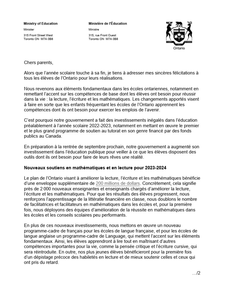 Lettre Du Ministre Aux Parents - Fin de L'année Scolaire 2022-2023 | PDF