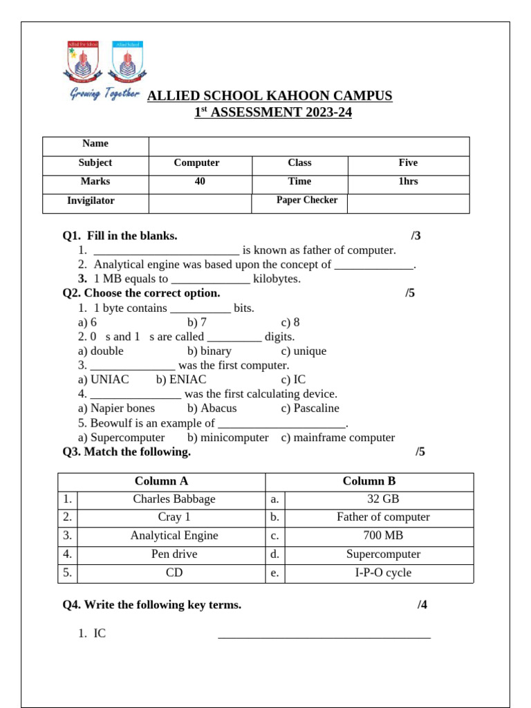 1ST Assessment Class 5 | PDF
