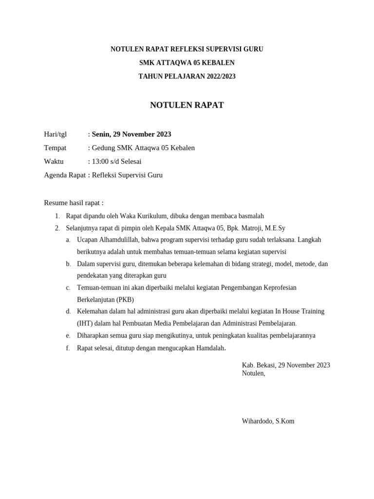 Notulen Rapat Refleksi Supervisi Guru | PDF