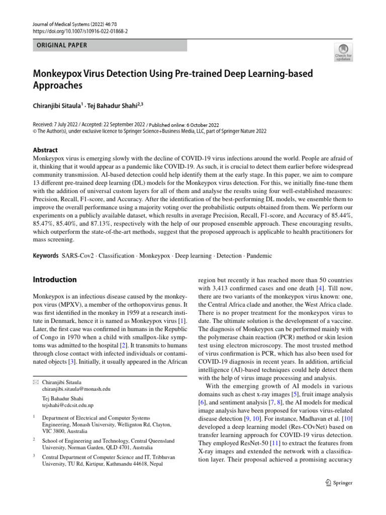 Monkeypox Virus Detection Using Pre Trained Deep Learning Based Approaches | PDF