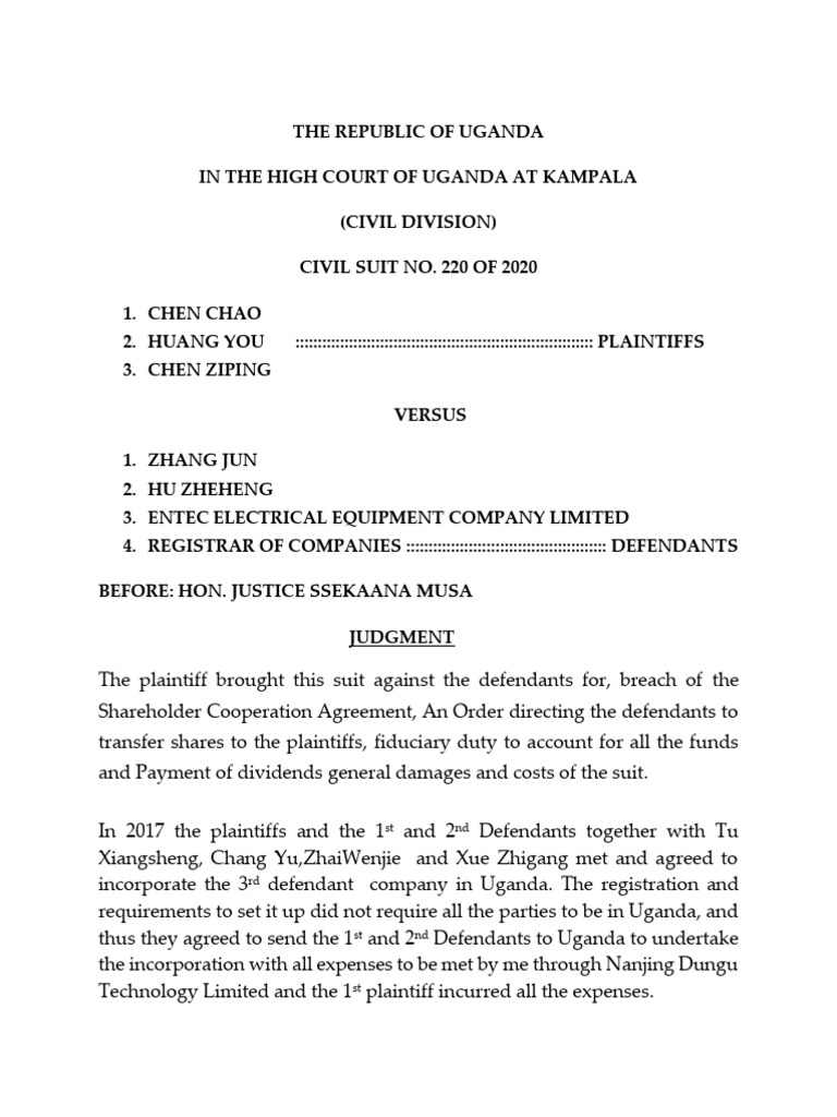 Chao and 2 Others V Jun and 3 Others 2024 UGHCCD 125 (12 August 2024) | PDF | Damages | Social ...