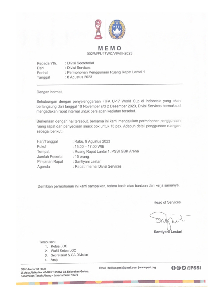 002 - Memo Permohonan Penggunaan Ruang Rapat 9 Agustus 2023 | PDF