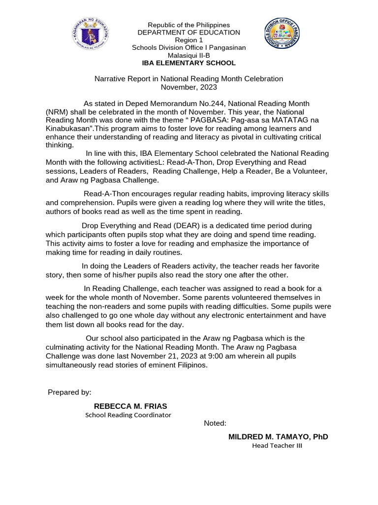 23-24 Narrative Report in National Reading Month | PDF