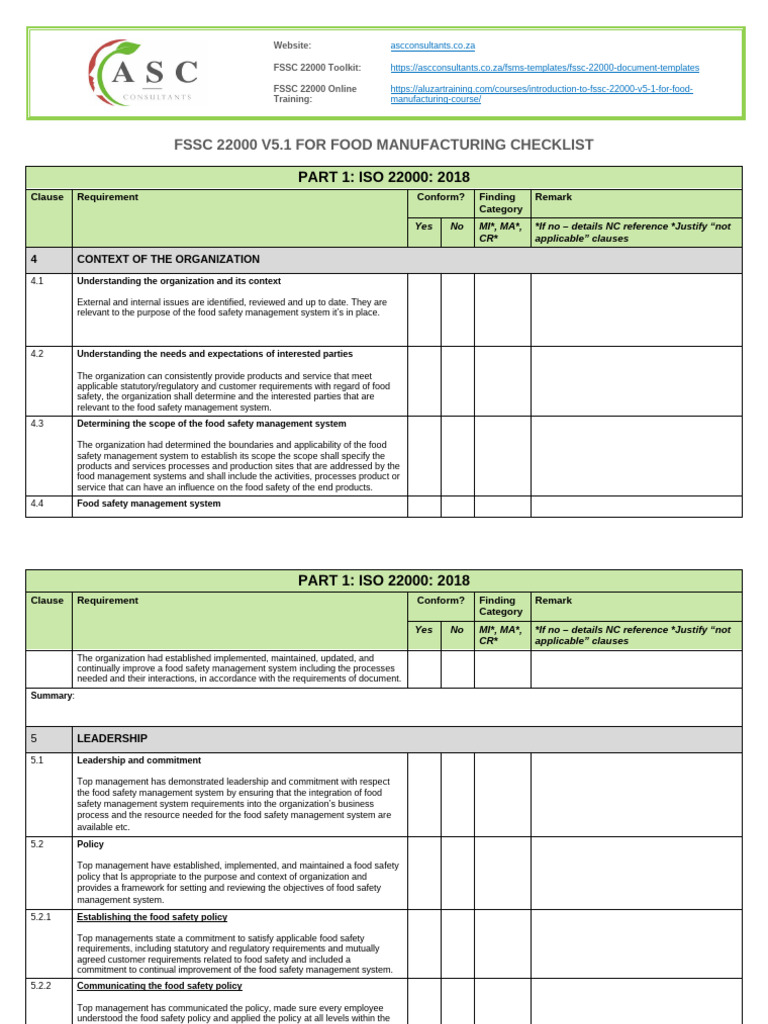 FSSC 22000 V5.1 For Food Manufacturing Checklist | PDF