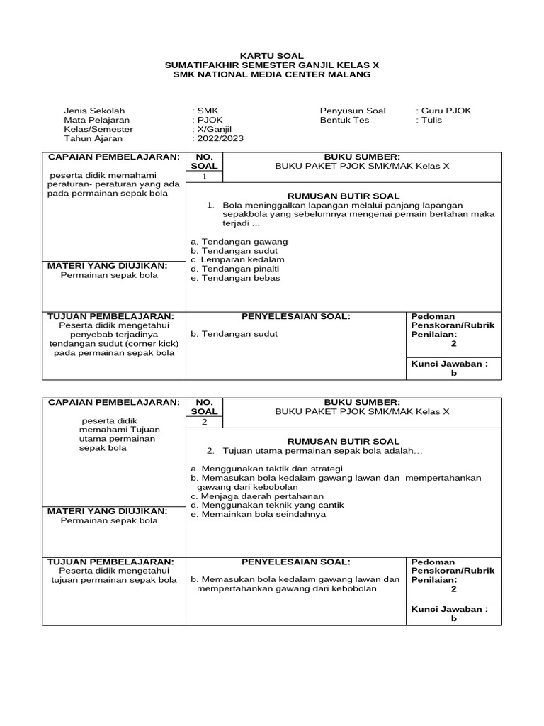 Kartu Soal Sas Ganjil X 2023-2024 (Rizki - Evan - Pjok) | PDF
