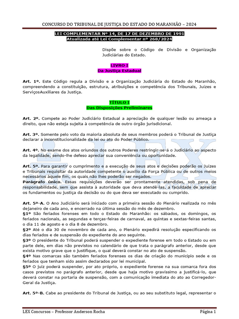 Tjma - 2. Codoje - Lei Complementar 14 - Resumida | PDF