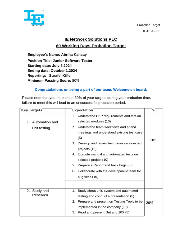 IE - Abriha Kahsay Probation Target V0.1 | PDF