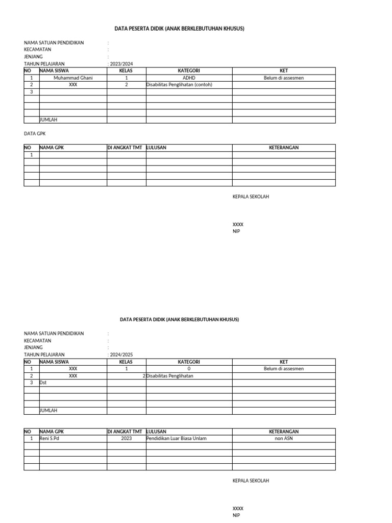 Format Data Anak Berkebutuhan Khusus | PDF