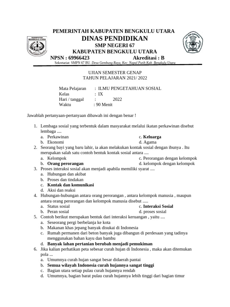 ILMU PENGETAHUAN SOSIAL. Uas Jawaban | PDF