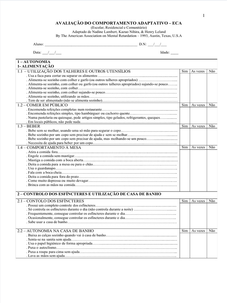 ECA - Escala de Comportamento Adaptativo para Imprimir | PDF