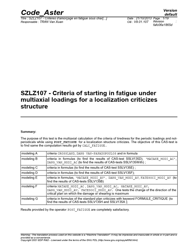 Code - Aster: SZLZ107 - Criteria of Starting in Fatigue Under ...