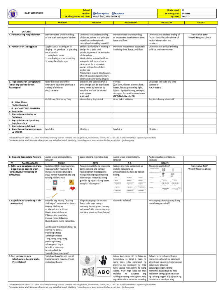 DLL - MAPEH 3 - Q3 - W4 - New @edumaymay @lauramos | PDF