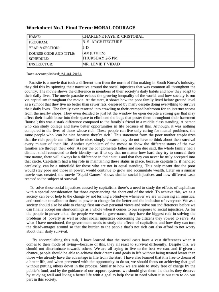 Worksheet No.1 Charlene Faye R. Cristobal BSARCHI2D | PDF
