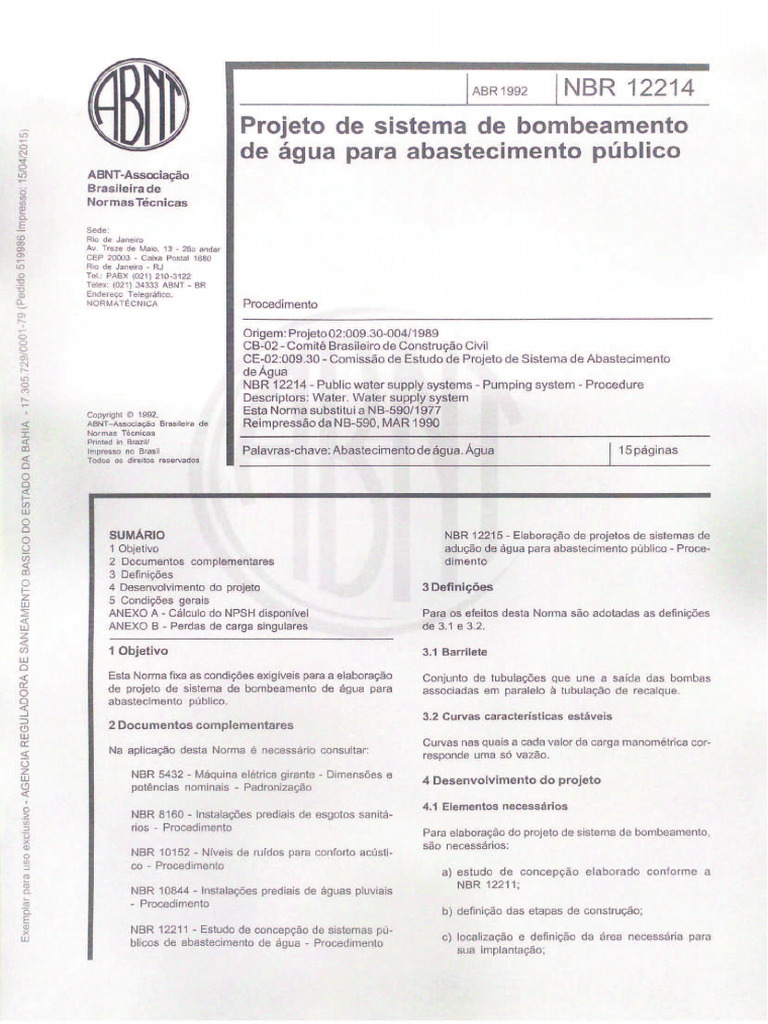 NBR 12214 - PROJETO DE SISTEMA DE BOMBEAMENTO DE ÁGUA PARA ...