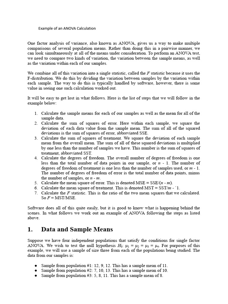 Example of An ANOVA Calculation | PDF