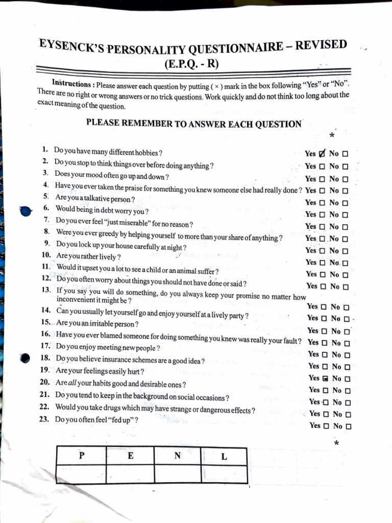 Eysenck'S-Personality Questionnaire - Revised: Please Remember To ...