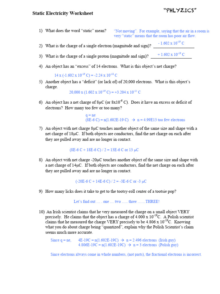 D3 The MAGNITUDE of Electric Charge Worksheet SOLUTIONS | PDF