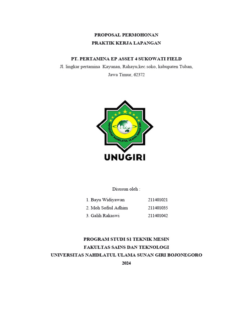 Proposal Permohonan Praktik Kerja Lapangan Pt. Pertamina Ep Asset 4 ...