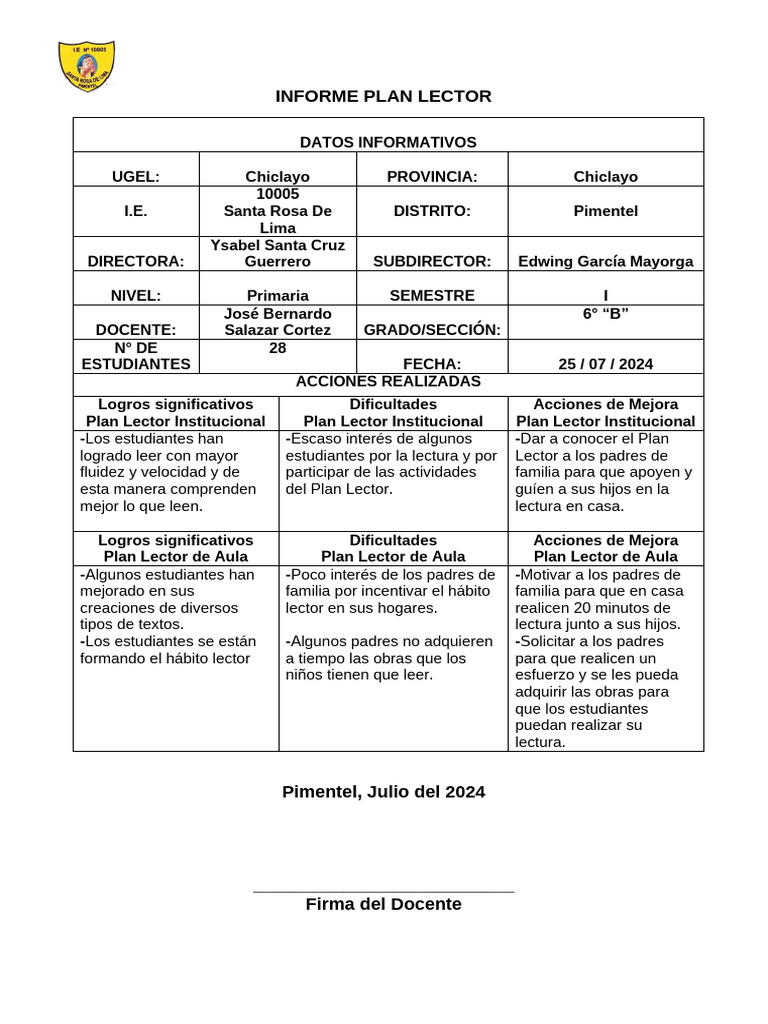 Formato para Informe Plan Lector | PDF
