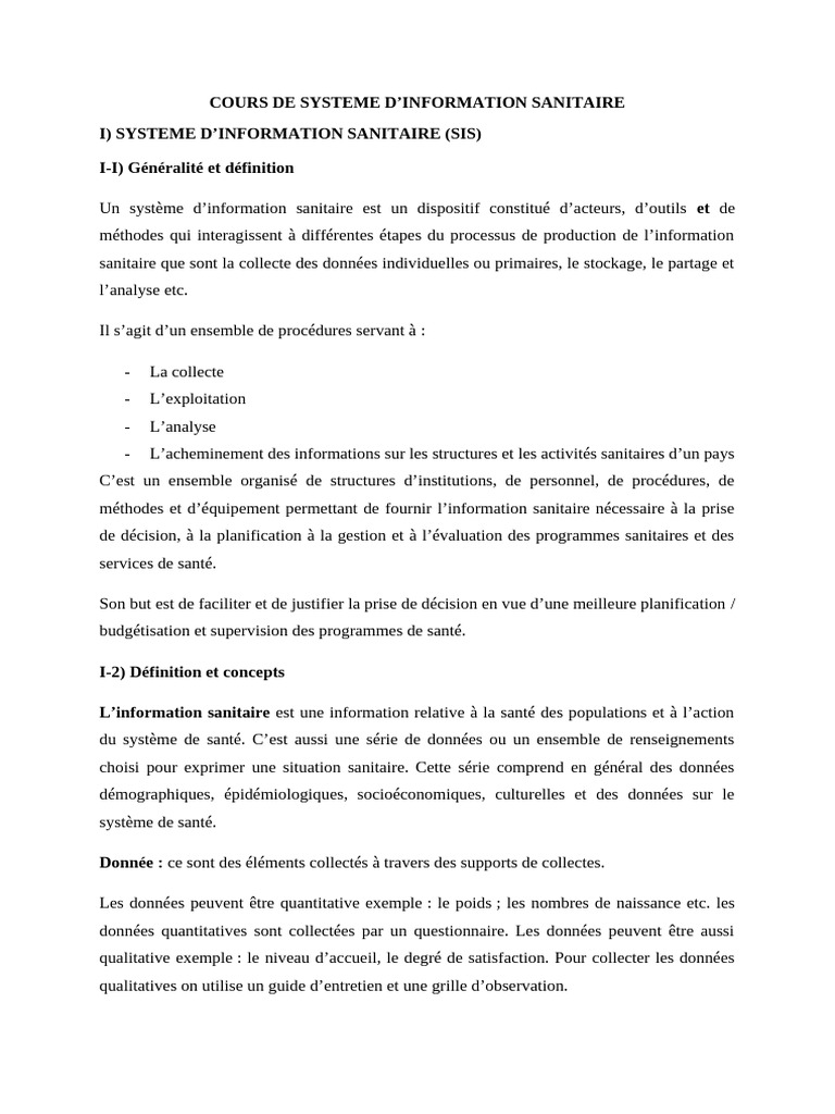 Définition du Système d'Information Sanitaire | PDF | Moyenne | Affaires