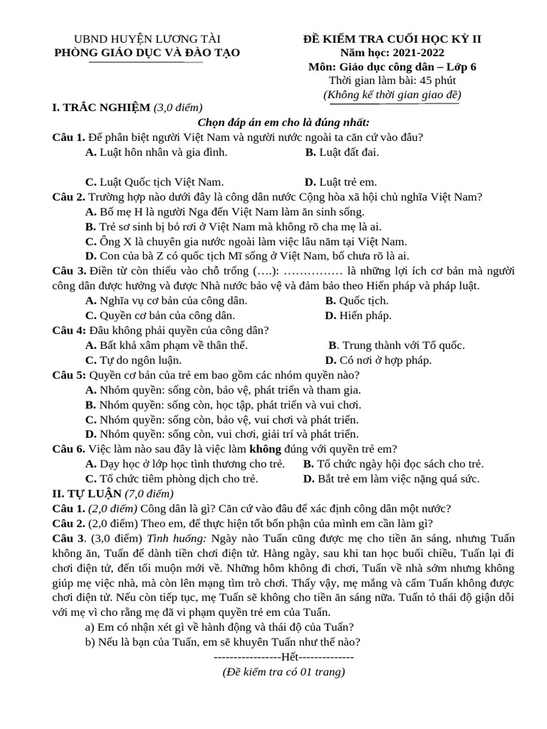 Cuối HK 2- GDCD 6 | PDF