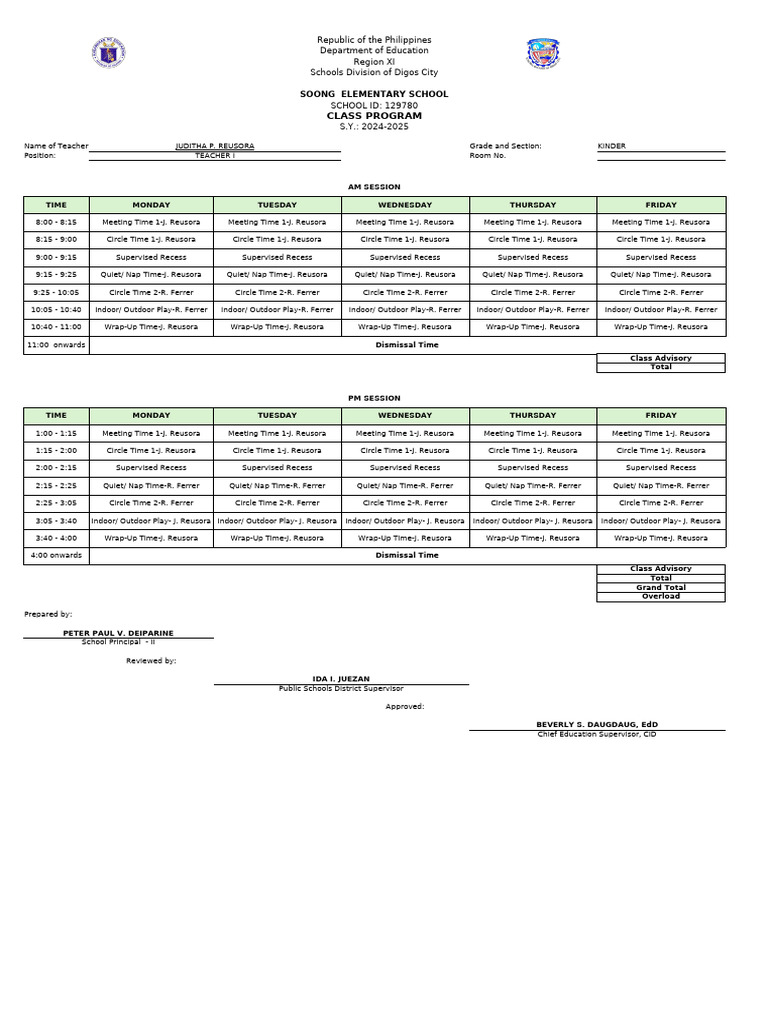 Class Program For Regular Class Updated Jul30 2024 | PDF