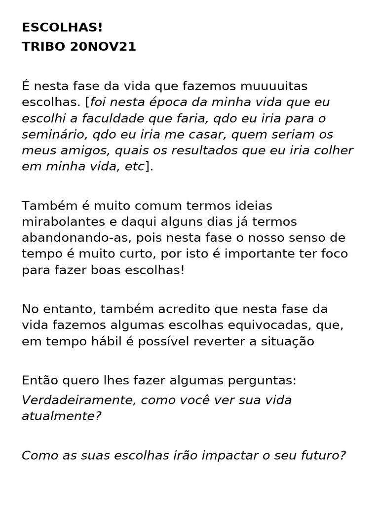 Escolhas e Consequências - Tribo 20nov21 | PDF | Amor | Vida