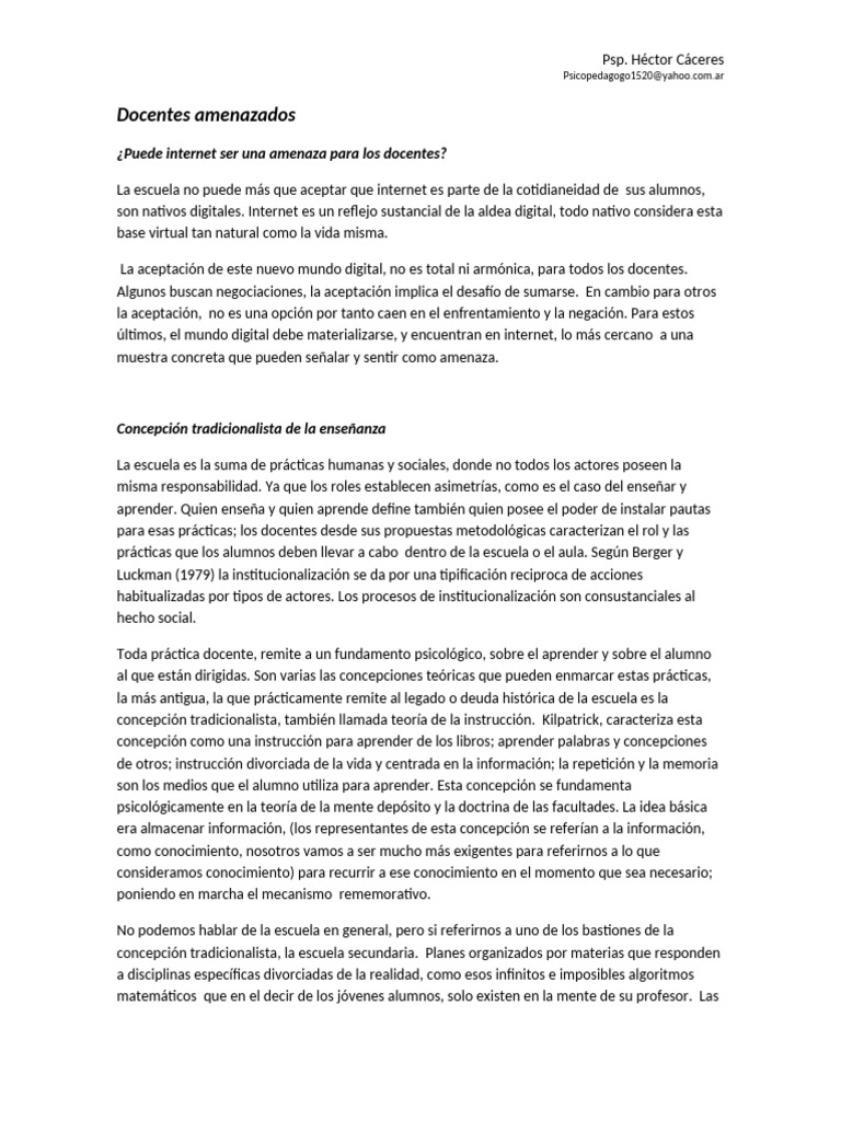Docentes Amenazados Por La Tecnología. HECTOR CACERES | PDF | Enseñando ...