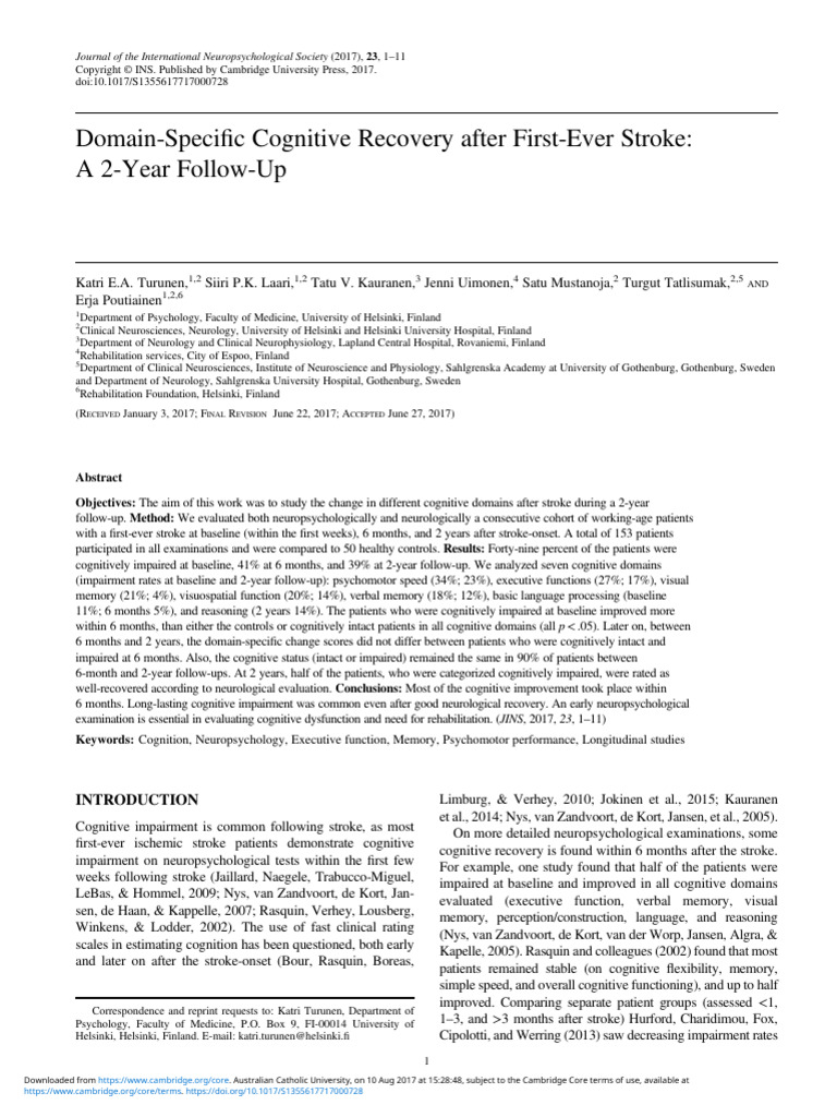 Domain-Specific Cognitive Recovery After First-Ever Stroke | PDF | Neuroscience