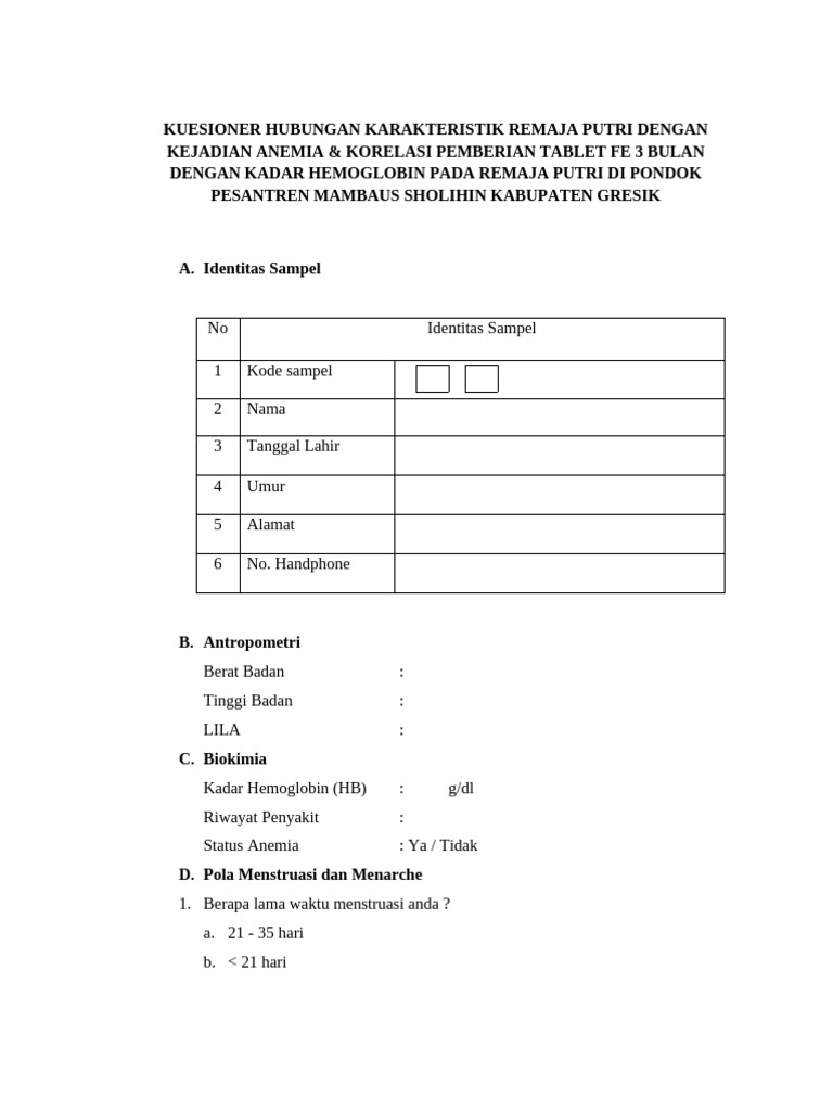 Kuesioner Pondok Pesantren Mambaus Sholihin Kota Gresik | PDF Kuesioner Pondok Pesantren Mambaus Sholihin Kota Gresik | PDF