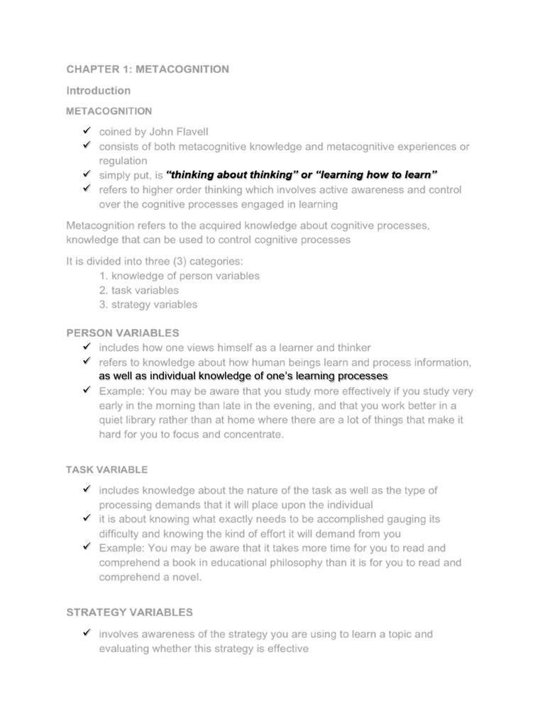 EDUC 70 Module 1 Metacognition | PDF