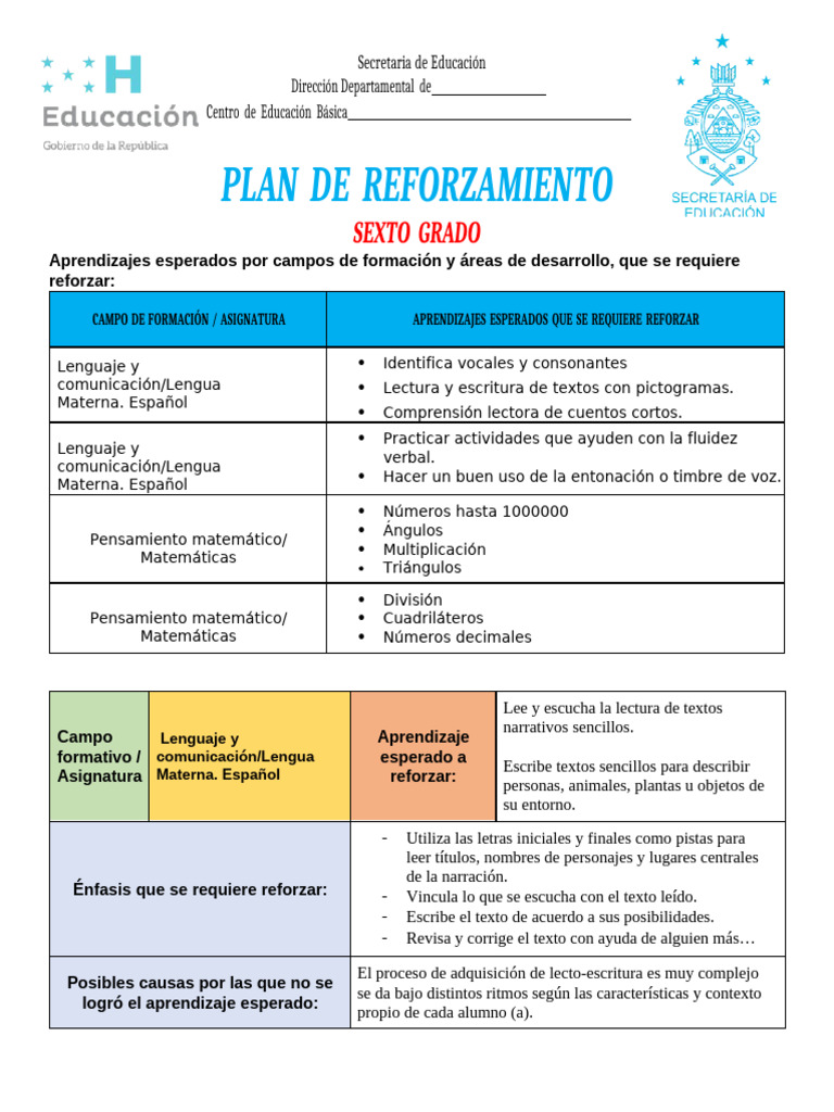 Plan de Reforzamiento Cuarto Grado | PDF