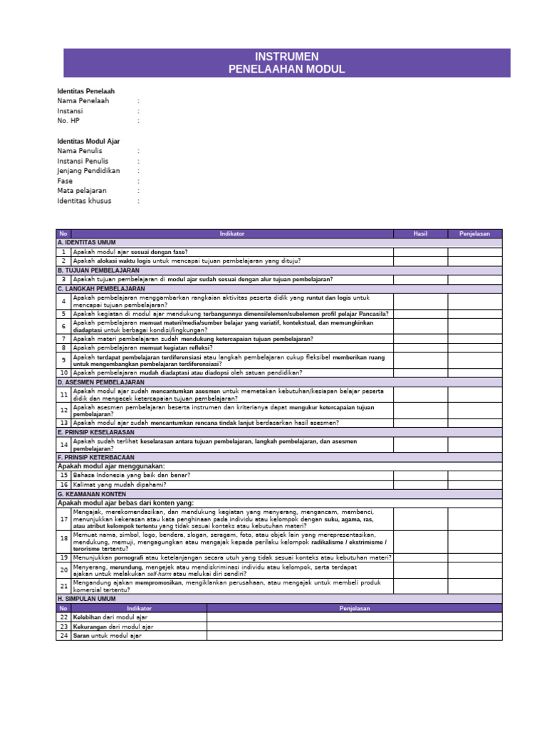 Instrumen Penelaahan Modul Ajar | PDF