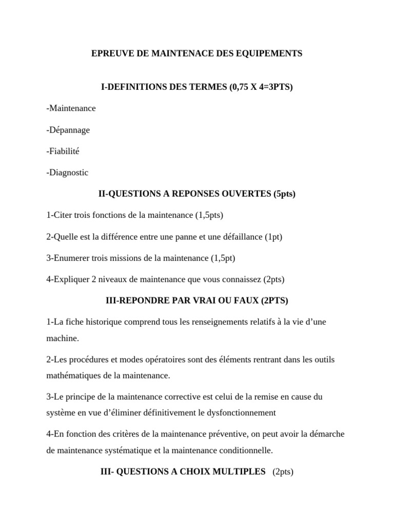 Epreuve de Maintenace Des Equipements | PDF
