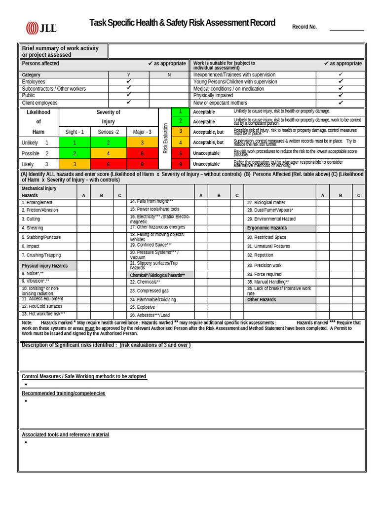 Risk Assessment Task Specific Risk Assessment Form | PDF