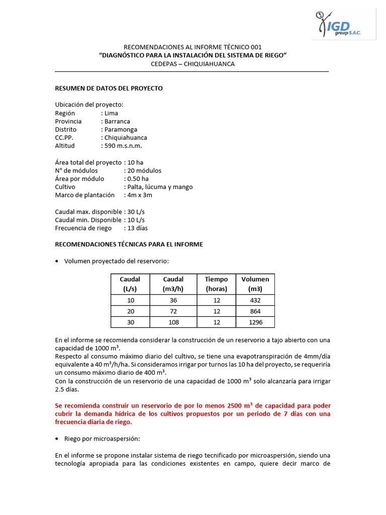 Recomendaciones Al Informe Técnico 001 | PDF