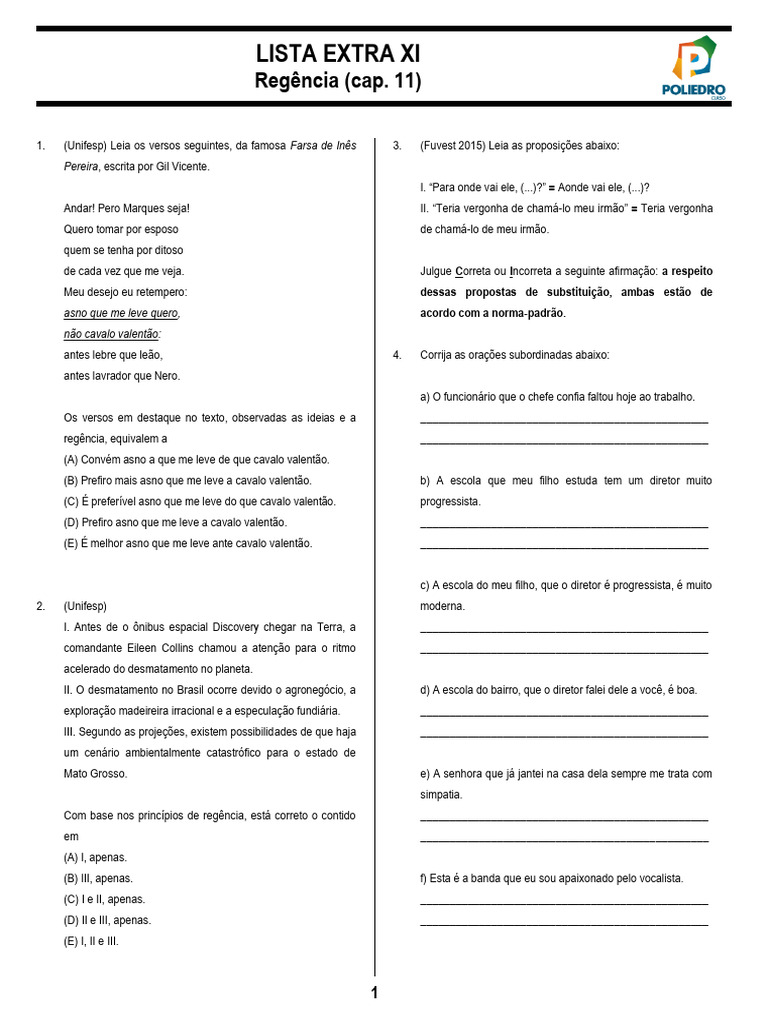 POR F1 - Regência (Lista Extra) | PDF