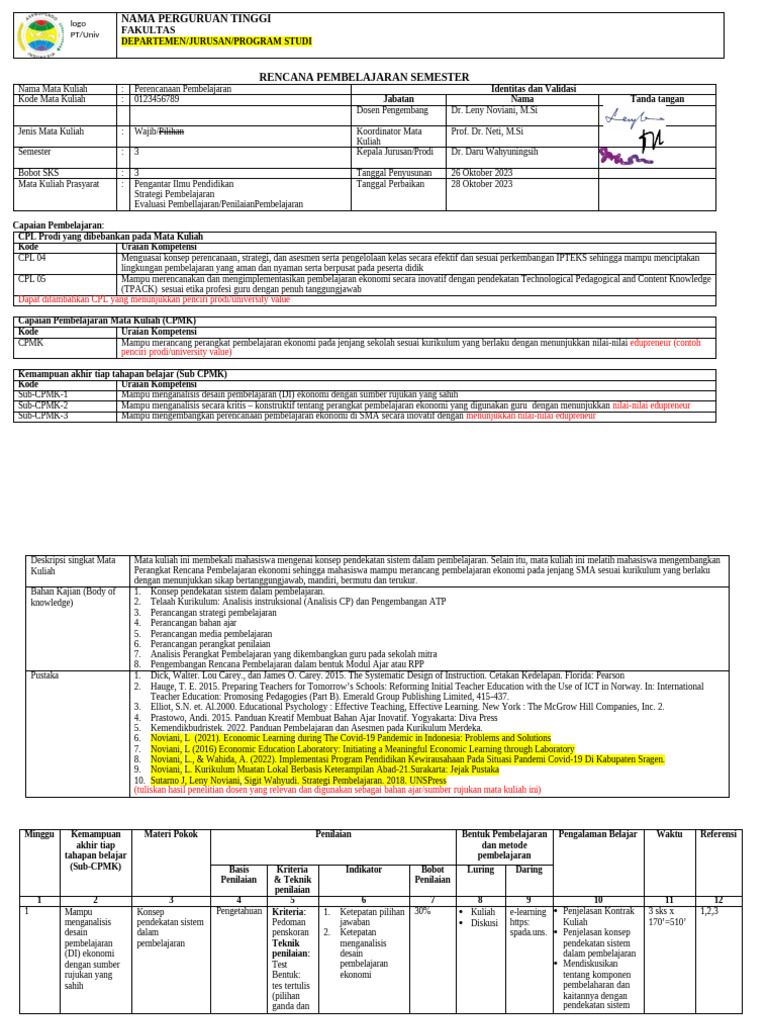 CONTOH RPS Perencanaan Pembelajaran Juni 24_ASPROPENDO | PDF