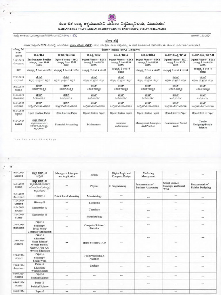 UG Exam Time Table NEP-1st, 3rd and 5th Semester March-April 2024 | PDF