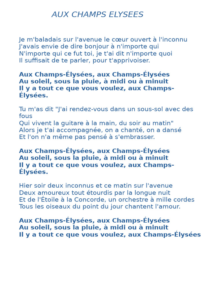 Les Champs Élysées - Joe Dassin Paroles | PDF
